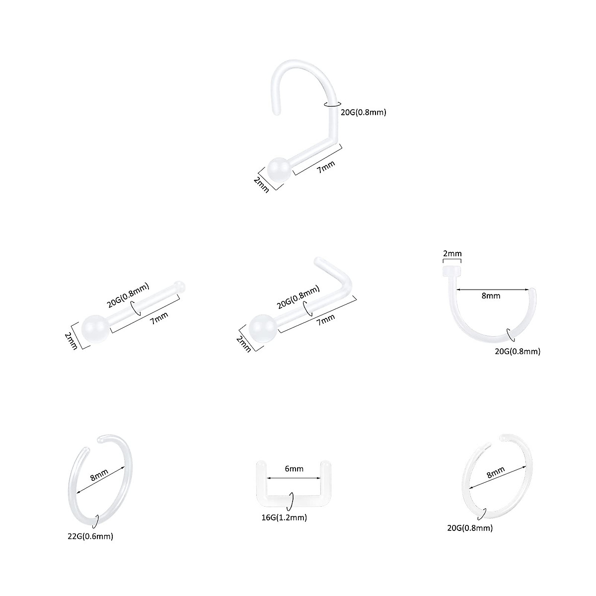 Oveta Clear Piercing Retainers Flexible Bioflex 14G 16G 20G Nose Belly Button Ring Lip Labret Piercings Retainer Eyebrow Tongue Barbells Cartilage Tragus Earrings Retainer (40pcs)