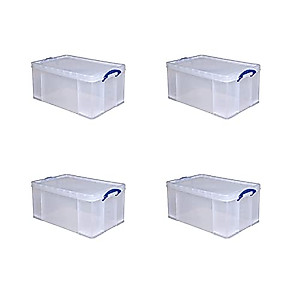 Really Useful Clear Transparent Plastic Storage Box, 64 Liters Features Attached Handles Make It Easy To Carry (Four Pack)