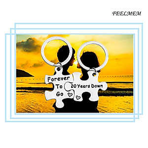 FEELMEM Couples Gifts 5th, 50th Years Down Forever to Go Puzzle Keychain Set of Two Wedding Anniversary Present (20th AV)