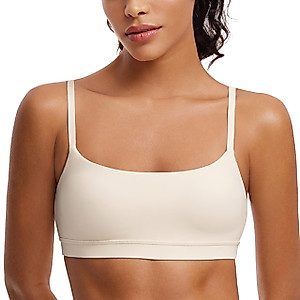 CRZ YOGA Womens Butterluxe Adjustable Spaghetti Strap Sports Bra - Scoop Neck Wireless Padded Yoga Workout Crop Top White Apricot Small