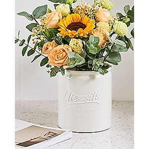 Getstar Utensil Holder for Kitchen Counter (7.2” x 6.2”) , Large Kitchen Utensil Holder with Protective & Non-Slip Cork Mat, Ceramic Cooking Utensil Holder (White)