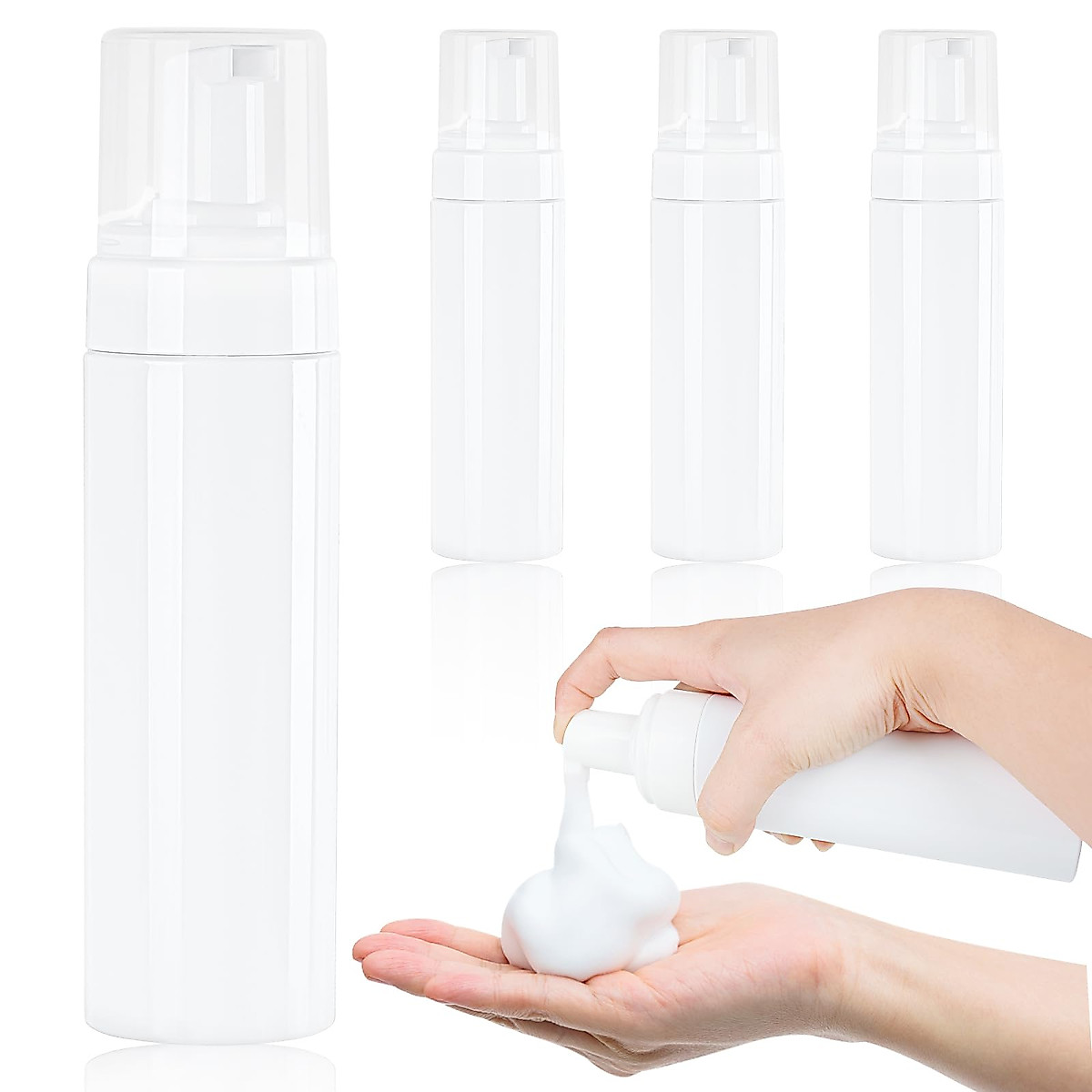 Foam Pump Bottle 200ml/6.8oz Empty Plastic Foam Dispenser Pump Bottle Travel Large Refillable BPA Free Lotion Bottles for Shampoo Shower Hand Soap Foaming (4 Pack) White