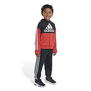 adidas Boys' Long Sleeve Color Block Mélange Fleece Jacket Set, Black Heather with Red, 4