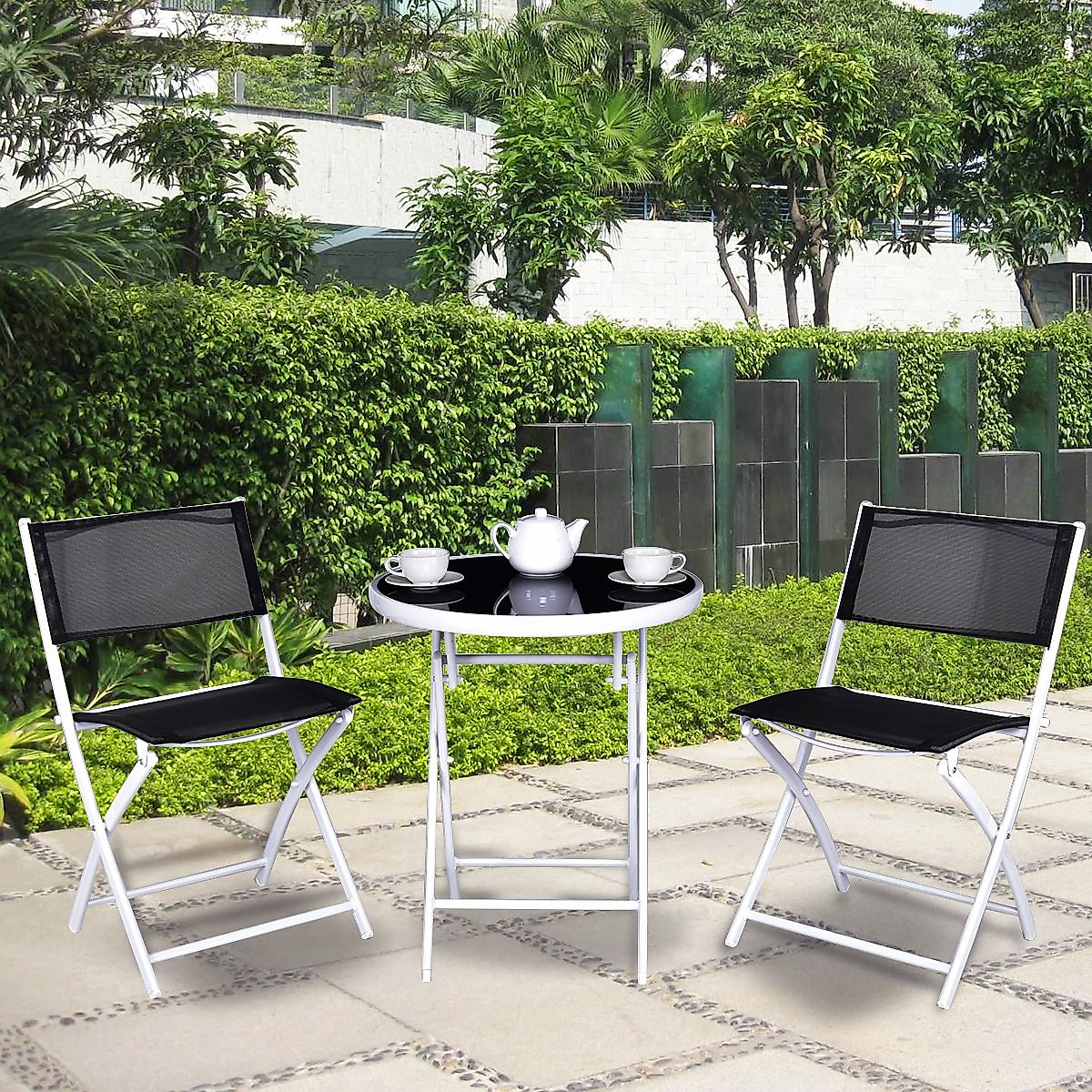 Tangkula 3 Pieces Folding Patio Bistro Set, No Assembly Required, Outdoor Folding Chairs & Table Set with Tempered Glass Tabletop, Outdoor Furniture Set for Garden, Poolside & Backyard (Black)