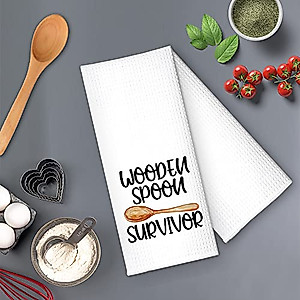 RZHV Wooden Spoon Survivor Kitchen Towel l, Funny Spoon Dish Towel Gift for Women Sisters Friends Mom Aunty Hostess Lover, Housewarming New Home