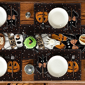 Artoid Mode Polka Dot Ghost Pumpkin Cat Boo Halloween Placemats Set of 4, 12x18 Inch Seasonal Fall Table Mats for Party Kitchen Dining Decoration