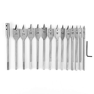 15-Piece Spade Drill Bit Set, 6‑25mm Paddle Flat Bits for Hole Cutter Woodworking, 1/4'' Hex Quick Change Shank Carbon Steel Woodworking Drilling Tools with 6'' Drill Bit Extension