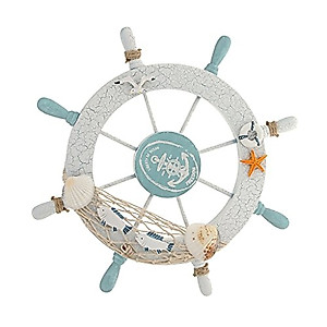 Rienar Nautical Beach Wooden Boat Ship Steering Wheel Fishing Net Shell Home Wall Decor White - Fish