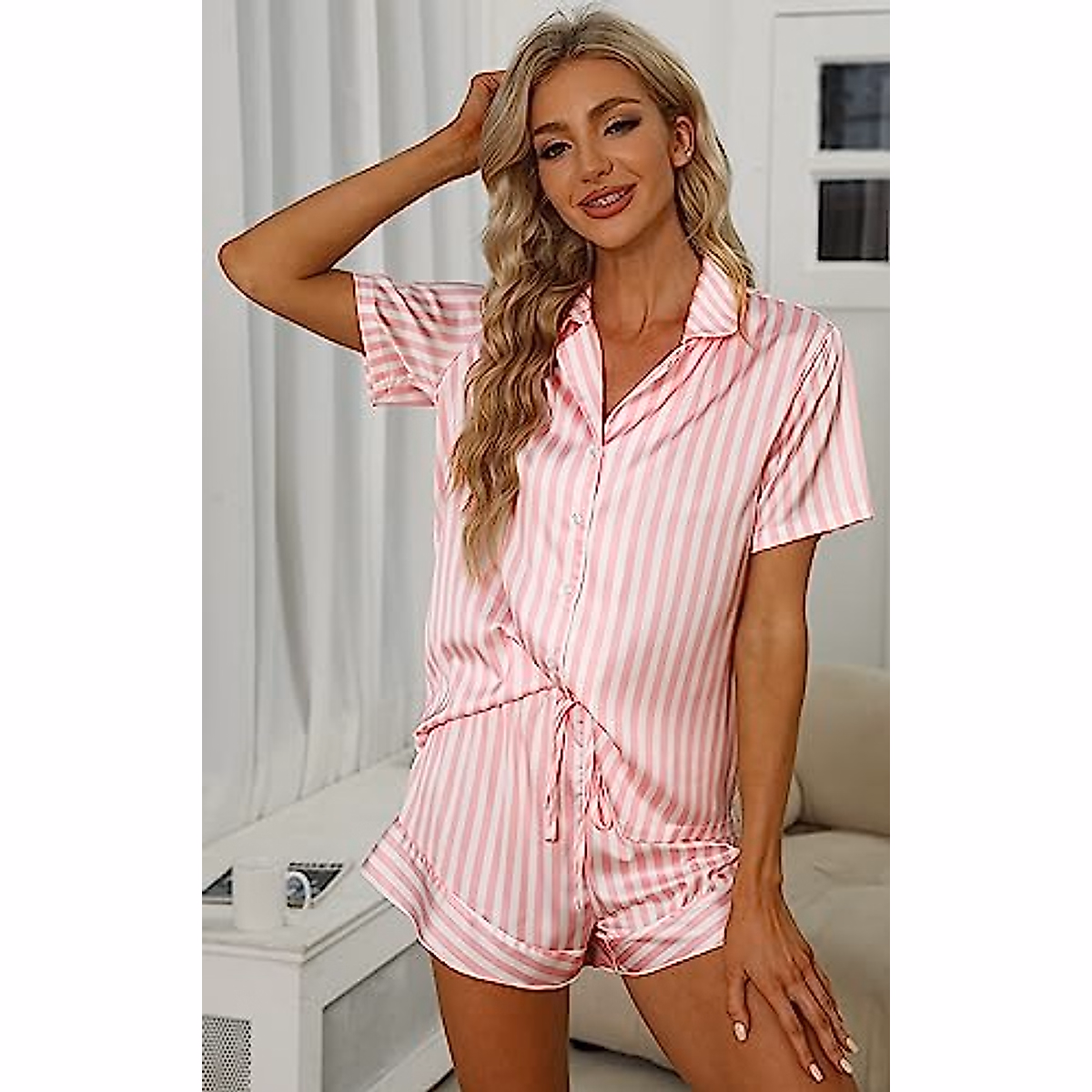 OUSIEDISIE Womens Silk Satin Pajamas Set Soft Short Sleeve Two-piece Pjs Silky Button-down Sleepwear Loungewear Shorts Set Pink L