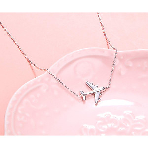 Airplane Sideways Choker Necklace S925 Sterling Silver Aircraft Jelwery Adjustable Chain 15+3 Inch for Women Lady, Best Gifts for Stewardess Flight Attendants (Choker)