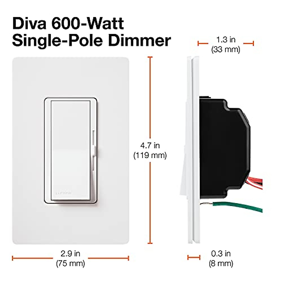 Lutron Diva Dimmer for Incandescent and Halogen, 600-Watt, Single-Pole, with Wallplate, DVW-600PH-WH, White