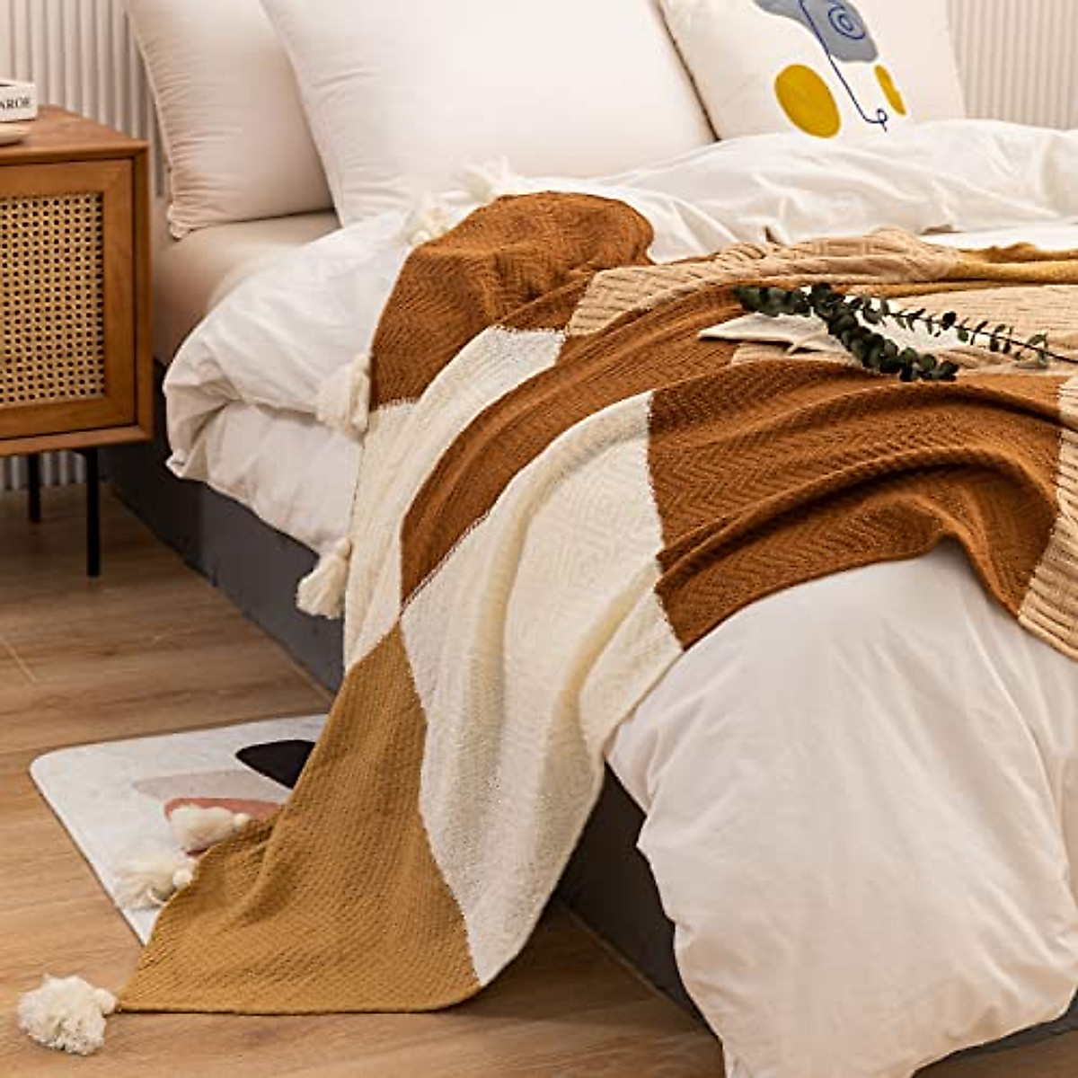 Senshuerjie Cotton Knit Blanket Cozy Soft Light Throw Blanket for Sofa Chair Bed Blankets with Handmade Tassel (Khaki and Brown Combo 50x60 Inch)