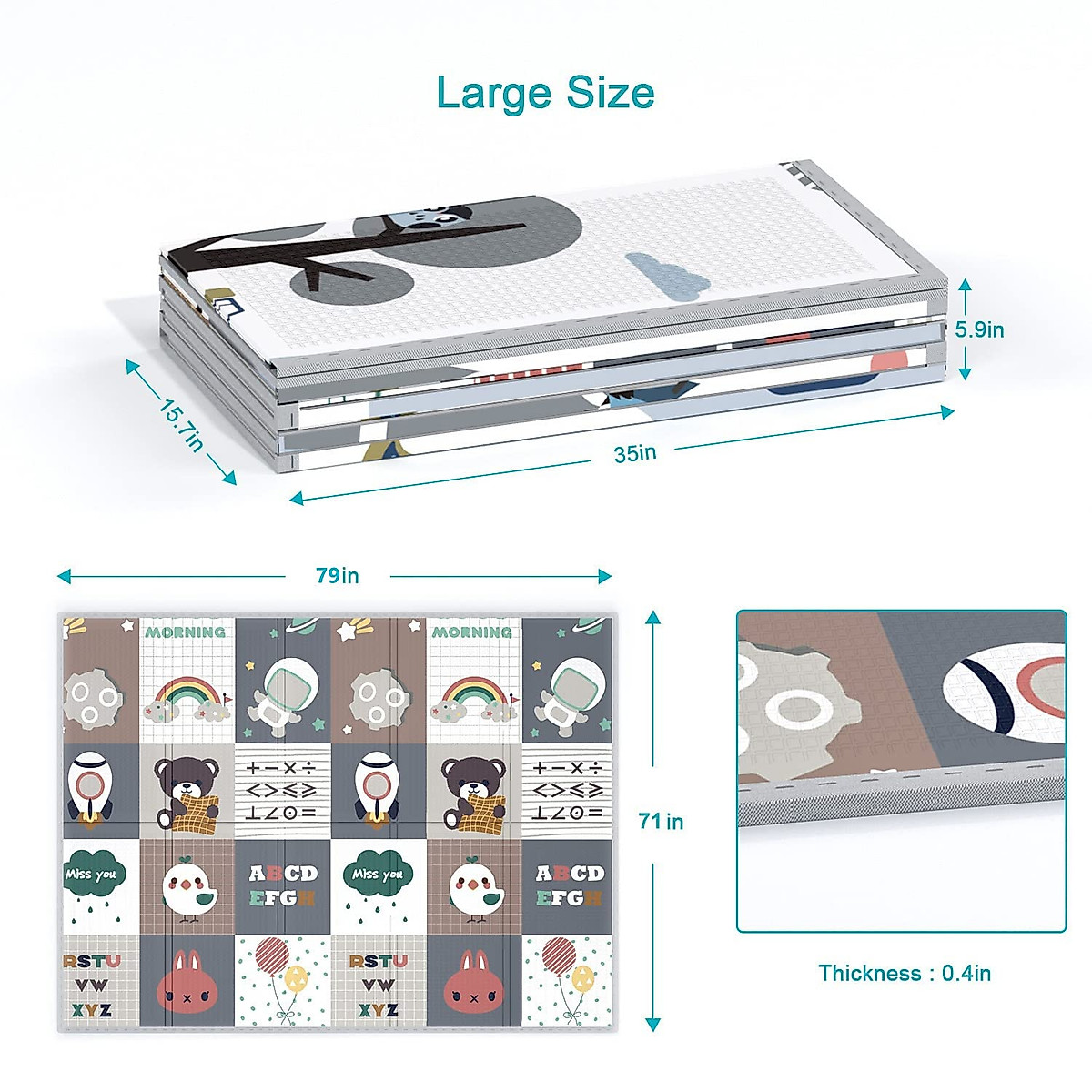 YOOVEE Foldable Baby Play Mat for Crawling, Extra Large Play Mat for Baby, Waterproof Non Toxic Anti-Slip Reversible Foam Playmat for Baby Toddlers Kids, 79" x 71" x 0.4"