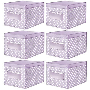 mDesign Large Soft Stackable Fabric Baby Nursery Storage Organizer Holder Bin Box with Front Window and Lid for Child/Kids Bedroom, Playroom, Classroom - 6 Pack, Light Wisteria Purple/White Polka Dot