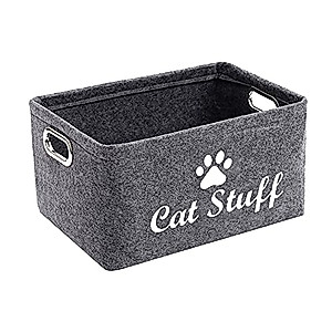 Brabtod Foldable Fabric Felt Storage Bins with Handles, Pet Supplies Storage for Bedroom, Closet, Toys, Laundry Cute Storage Baskets -gray-cat