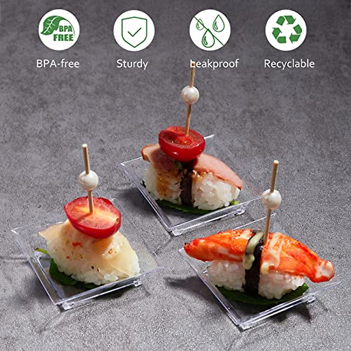 Zezzxu 100 Pack 1 oz Mini Dessert Plates with Spoons Reusable Plastic Appetizer Trays Square Small Party Serving Bowls for Trifle, Cheesecake, Chocolate Truffles, Ice cream