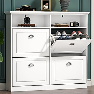 Loomie Shoe Cabinet with 4 Flip Drawers, Freestanding Shoe Storage Cabinet with Open Shelves, Hidden Slim Narrow Shoe Rack Cabinet, Shoe Organizer Cabinet for Entryway, Foyer, Hallway (White)