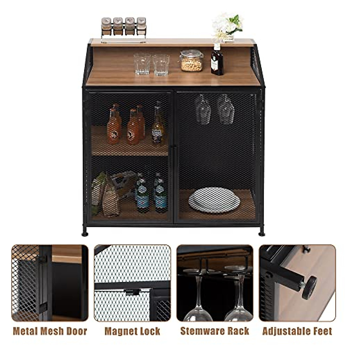 NSdirect Metal Coffee Bar Storage Cabinet, Industrial Bar Cabinet with Metal Mesh Doors, Coffee Bar Sideboard for Wines and Liquors, 33 Inch, with Wine Rack