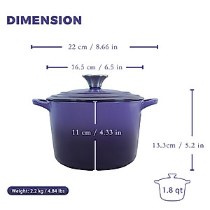 Flavehc Dutch Oven Pot with Lid 1.8 qt Cast Iron Dutch Oven for Bread Baking Purple Enameled Cast Iron Rice Pot with Handels