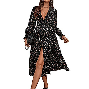 SweatyRocks Women's Deep V Neck Long Sleeve Floral Dress Boho Split A Line Long Dresses Black XL