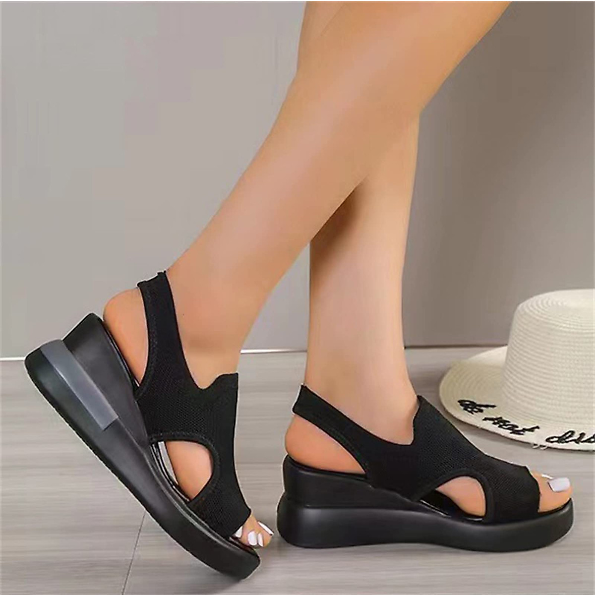 DOIX Mesh Wedges Sport Sandals for Women Comfortable Elastic Ankle Strap Fish Mouth Sandals Casual Slip on Platform Sandals Breathable Open Toe Walking Shoes Sneakers,Black,US7/EU38
