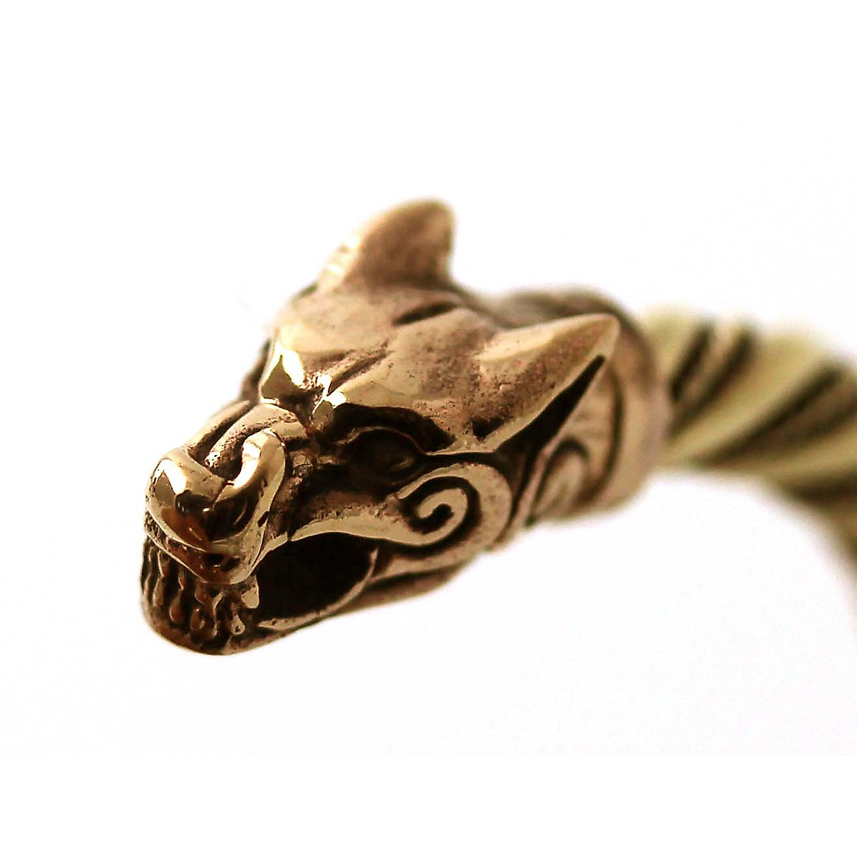 LynnAround Bronze Norse Nordic Viking Fenrir Wolf Head Twisted Cable Bangle Cuff Bracelet Arm Ring Pagan Jewelry (8 Inches)