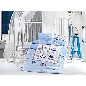 paradise RANFORCE 100% Cotton Nautical Baby Bedding Sailing Fish Lighthouse Themed Nursery Baby Bed Set, Toddlers Crib Bedding for Baby Girls Boys Unisex, Duvet Cover Set with Comforter, 5 Pieces