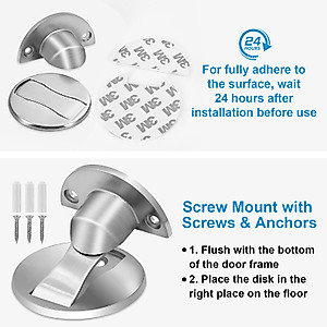 Magnetic Door Stopper, Invisible Magnetic Door Stop, Brushed Satin Nickel, No Need Drill with 3M Adhesive, Stainless Steel Floor Magnetic Door Catch Door Hold (Silver)