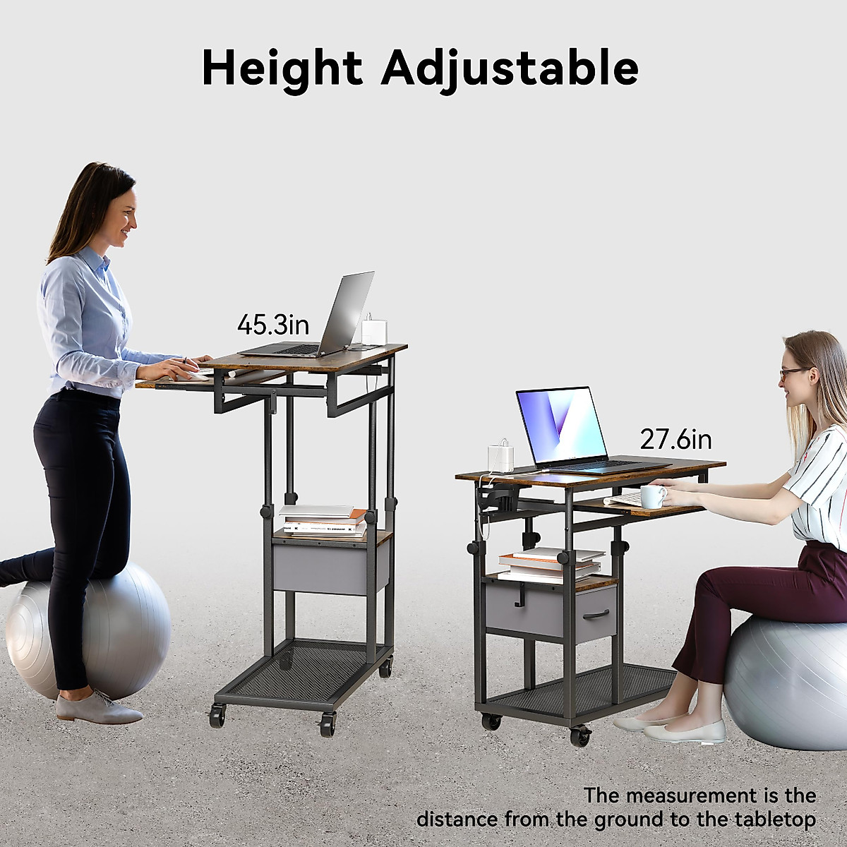 Oransail Height Adjustable C Table with Charging Station, Mobile Laptop C Shaped End Table, Couch Desk with Wheels, Couch Side Table with Storage Drawer for Living Room Bedroom