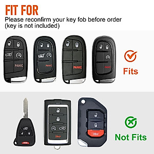 Slohif Leather Key Fob Cover Accessories for Jeep for Grand Cherokee Renegade Chrysler 200 300 Dodge RAM Durango Challenger Journey Dart Fiat 5 Buttons, Leather Case+D-Ring+Hook(Black)