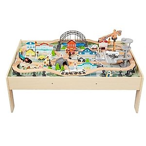 Amazon Basics 120 Piece Wooden Train Set and Table-kids Gift for Age 3Y+, Multi, 48.62 x 18.07 x 7.01 inches