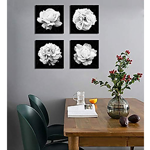 Flowers Wall Art Bathroom Wall Decor Abstract Botanical Picture Contemporary Wall Art Prints Bedroom Living Room Kitchen Office Home Decor Modern Black Flower Canvas Artwork 12" x 12" x 4 Pieces