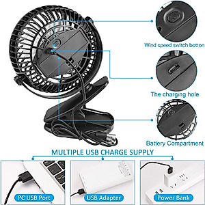 TCJJ Portable Clip on Fan,Rechargeable Stroller Fan With 3 Speeds and Rotatable USB Battery Operated Clip Fan for Car Seat Crib Stroller Bike Treadmill Office.