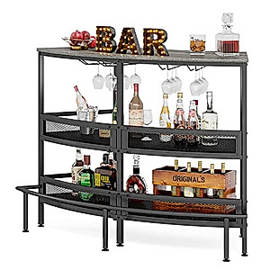 Tribesigns Home Bar Table Unit, 3 Tier Bar Counter with Storage Shelves and Stemware Holder, Liquor Small Mini Bar with Footrest for Home Pub, Black Rustic Gray