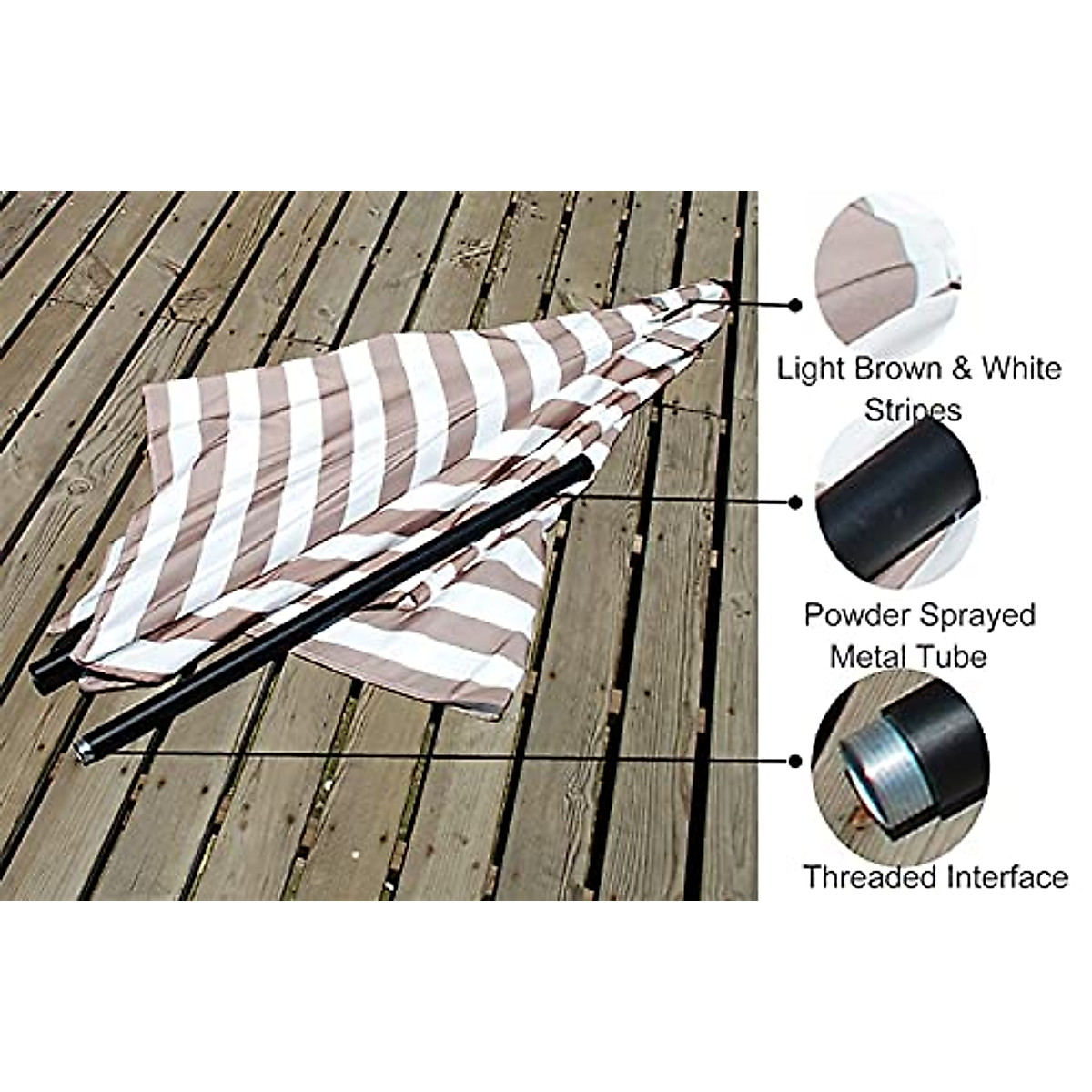 CLoxks Patio Umbrella Outdoor,Portable White and Light Brown Striped Pool Patio Umbrella, Rectangle Outside/Beach/Market Table Umbrella, Garden Umbrella Parasol