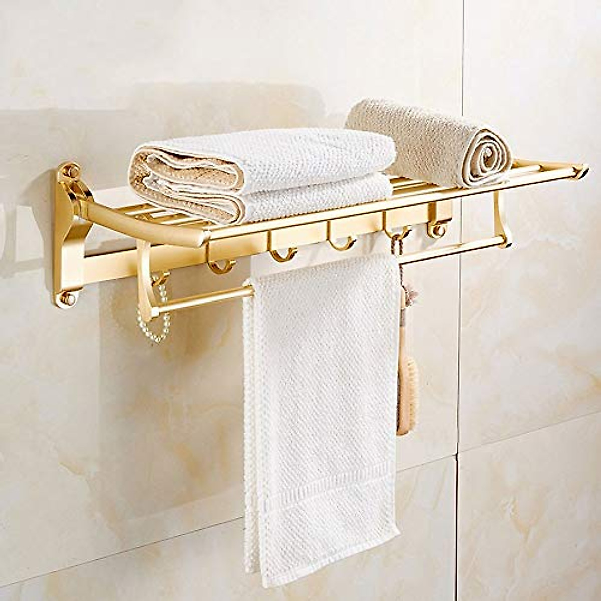 Muti-Function Bathroom Shelf, Space Aluminum Shower Towel Holder, Wall Mounted Double Layer Shelves, Foldable Antirust Towel Rack for Bathroom Hotel 4-Bar 4 Hooks (Color : Gold)
