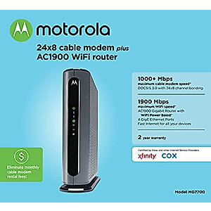 Motorola MG7700 Modem WiFi Router Combo with Power Boost | Approved by Comcast Xfinity, Cox and Spectrum | for Cable Plans Up to 800 Mbps | DOCSIS 3.0 + Gigabit Router