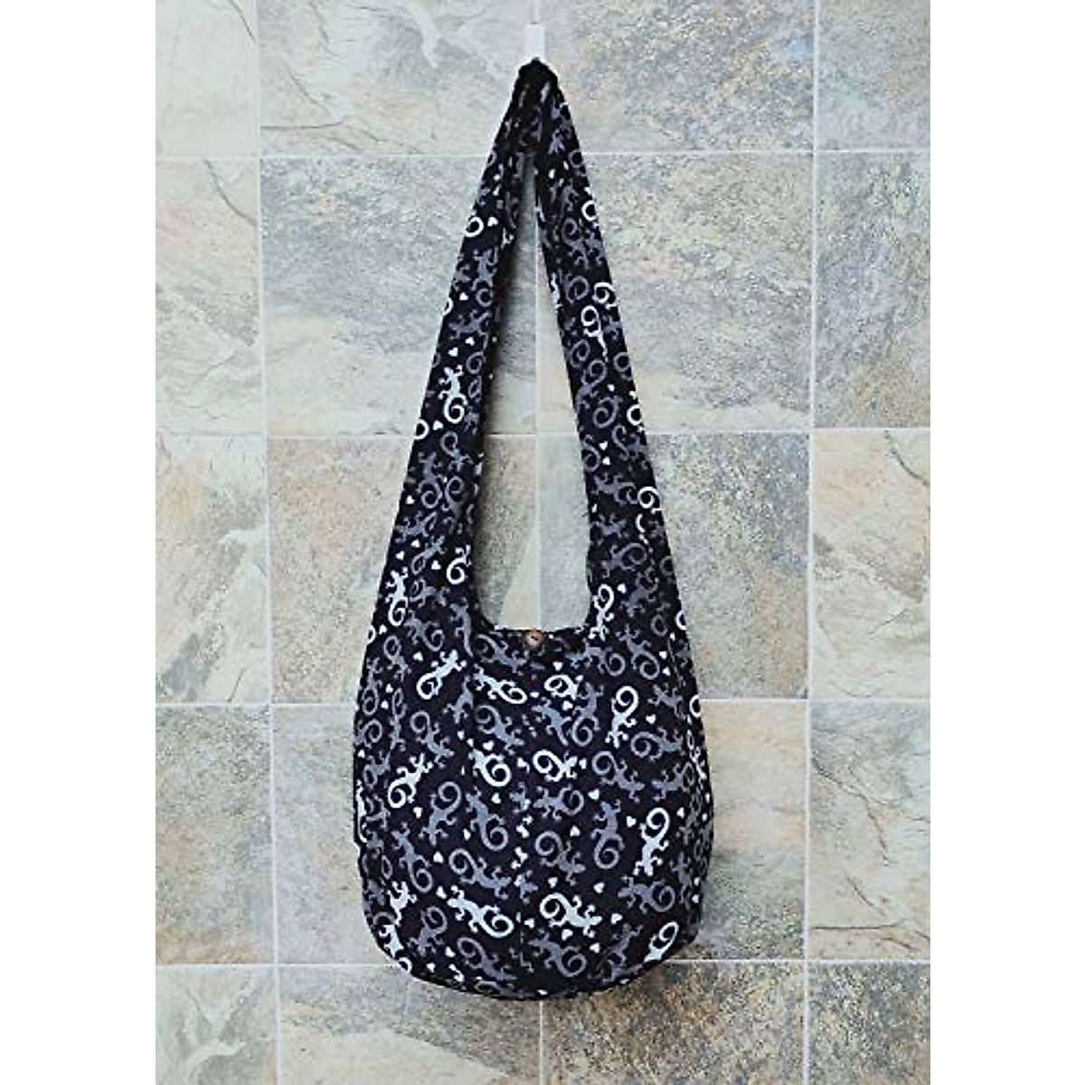 BTP! Gecko Hippie Hobo Thai Cotton Sling Crossbody Bag Messenger Shoulder Purse (Black GC1)