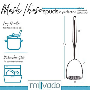 Millvado Potato Masher Stainless Steel, Best Mashed Potatoes Masher Kitchen Tool, Potato Smasher For Potatoe, Avocado, Sweet Potato, Beans, Large Heavy Duty Metal Mashing Utensil, 12.5 Inch