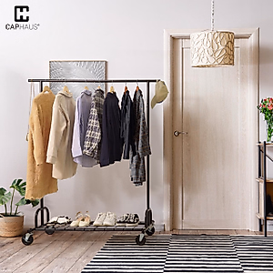 CAPHAUS Heavy Duty Clothes Rack, 440LBS Capacity Rolling Clothing Rack for Hanging Clothes, Adjustable Metal Wardrobe Rack, Portable Garment Rack with Shelf, Wheels, Extendable Rod, Black