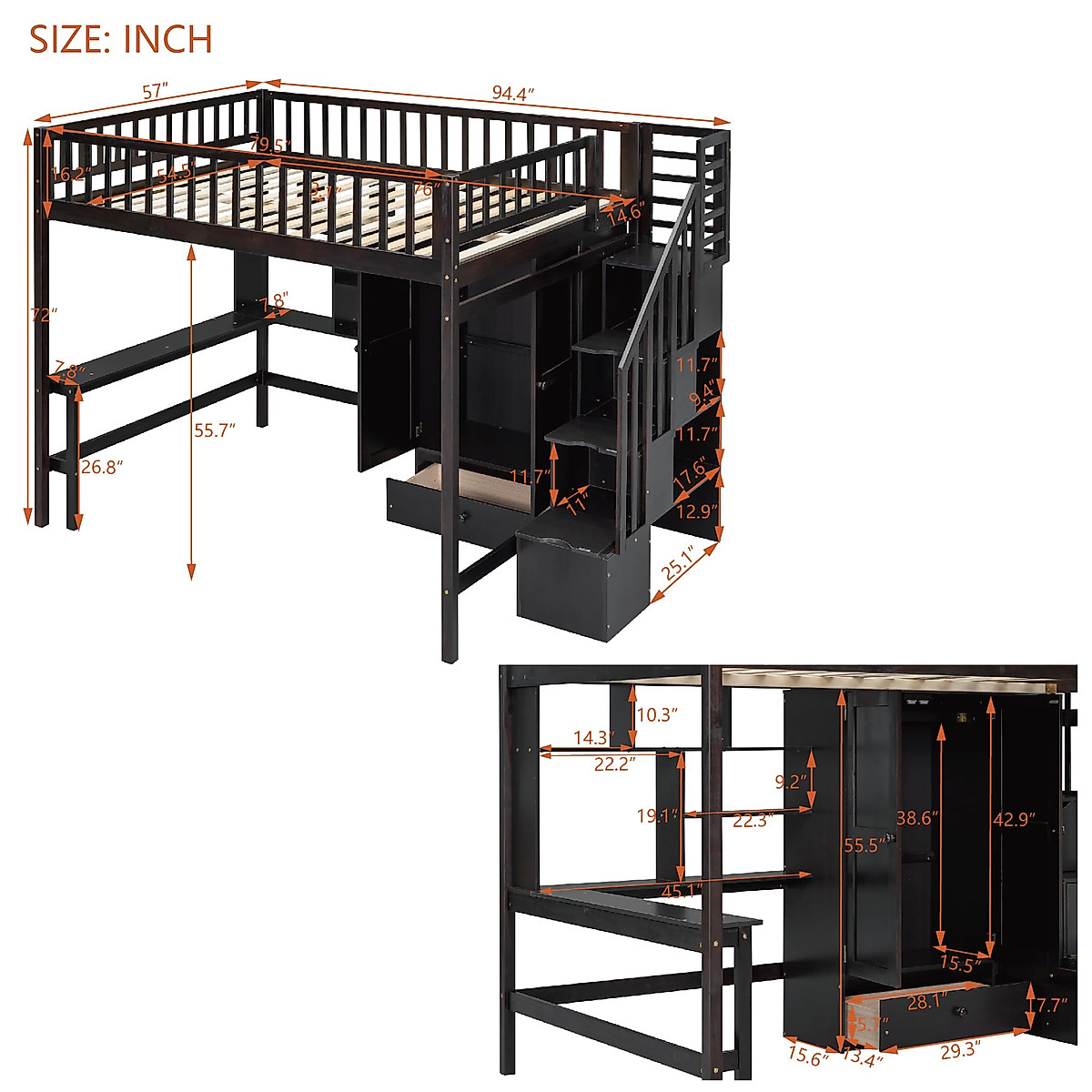 Full Size Loft Bed with Desk, Wardrobe, High Loft Bed Frame with Storage Staircases, Drawer Solid Wood Loft Beds for Kids, Boys and Girls,Teens, No Box Spring Needed (Espresso)