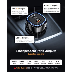 OTAO 165W USB C Car Charger,3 Ports Fast Charge Adapter PD3.1 140W PPS 45W+PD 35W PPS 25W+USB 30W Type-C Car Phone Charger for iPhone15 14 13 12 Pro Max Plus,Samsung,iPad MacBook Pro Air Laptop