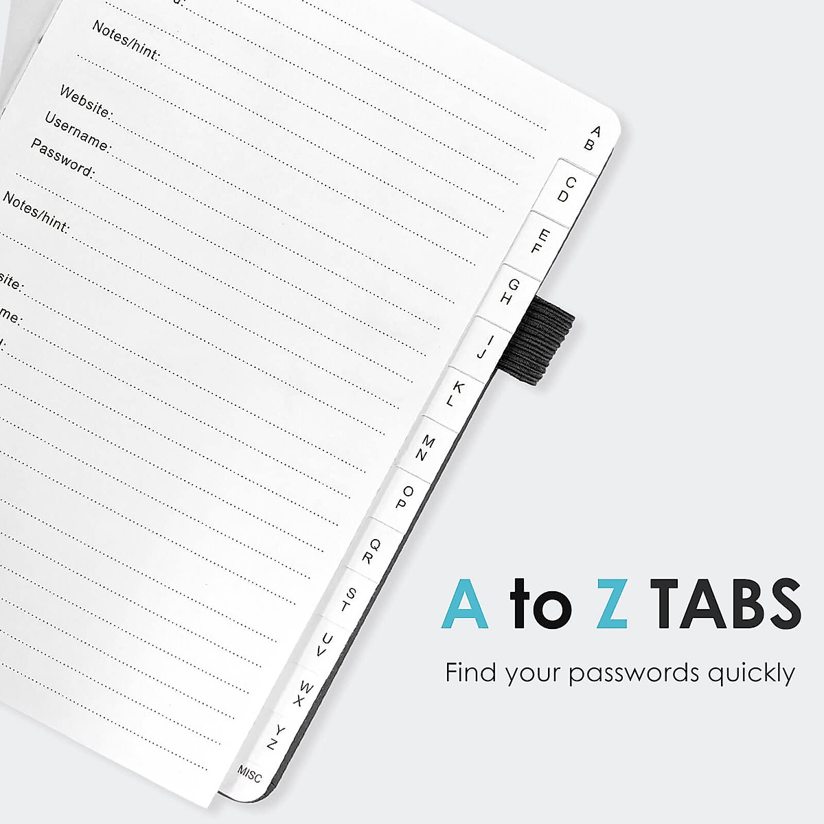 Elegant Password Book with Alphabetical Tabs - Hardcover Password Book for Internet Website Address Login - 5.2" x 7.6" Password Keeper and Organizer w/Notes Section & Back Pocket (Black)