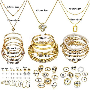 IFKM Gold Plated Jewelry Set with 5 PCS Necklace, 14 PCS Bracelet, 20 Pairs Earring, 20 PCS Knuckle Rings for Women Girls Valentine Anniversary Birthday Friendship Gift