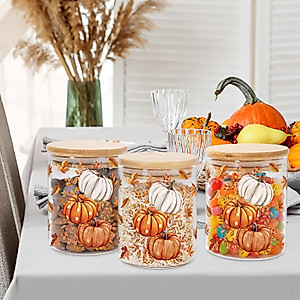 JarThenaAMCS 3Pcs Fall Thanksgiving Glass Storage Jars with Airtight Bamboo Lids 17oz Autumn Leaves Pumpkins Clear Food Storage Canisters for Home Kitchen Countertop Decoration
