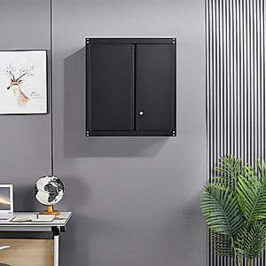 GREATMEET Metal Wall Storage Cabinet with Locking Doors,Wall Mounted Garage Storage Cabinets with 1 Adjustable Shelf and 2 Doors,Steel Cabinet for Garage Office and Home,Black