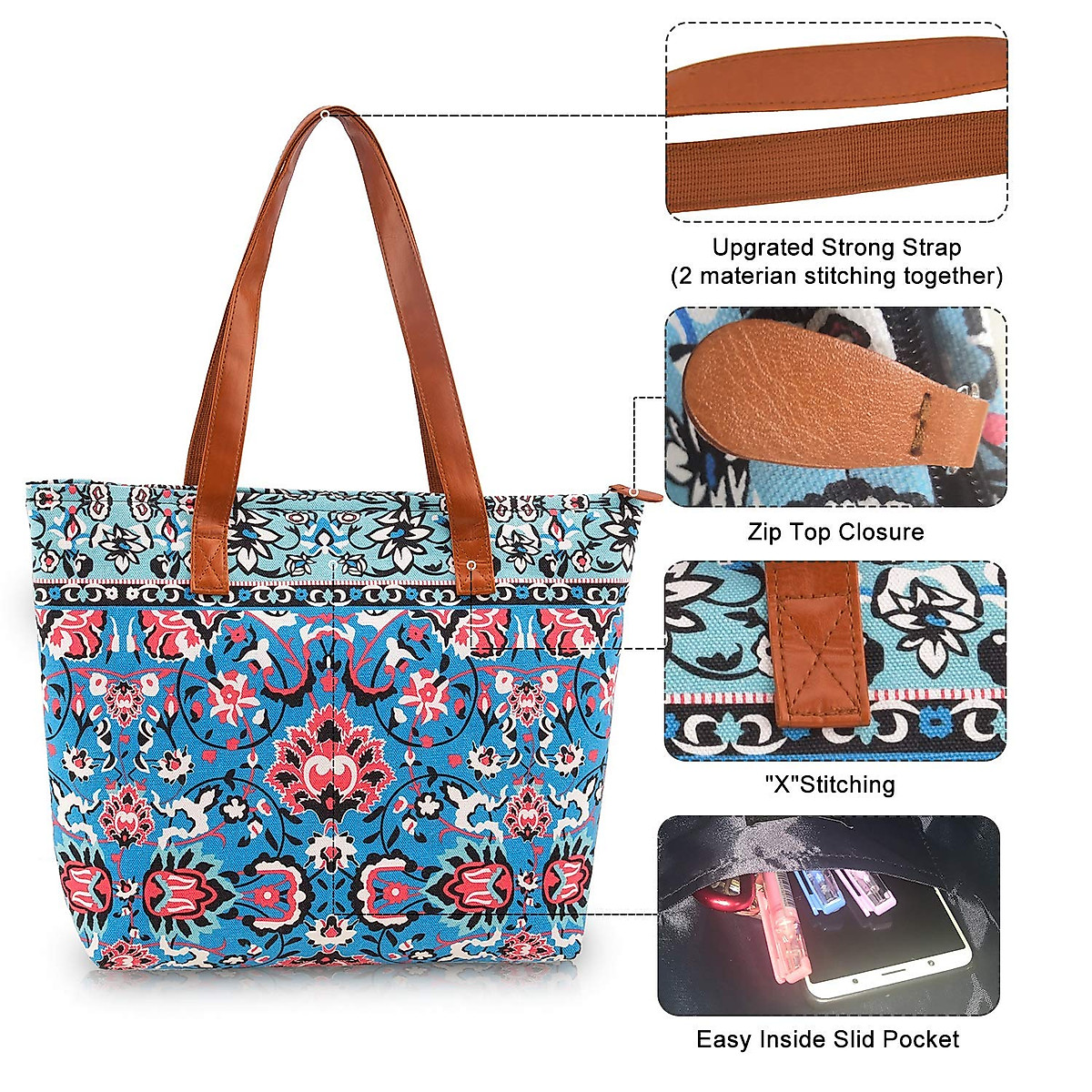 DEMOMENT Canvas Grocery Tote With Zipper for Women Lightweight Organizer Utility Bag For Travel Shopping Beach Work Gym (blue)