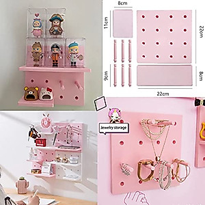 HGYZE Peg Boards for Walls with Shelf & Hooks, No Punching Craft Room Storage for Bedroom Garage Living Room Office, Pegboard Ledges Organizer, 4 Pack Decorative Wall Panel Kits - 22cm Square (Pink)