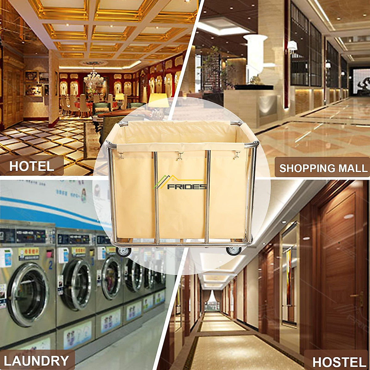 Commercial Laundry Cart with Wheels, 11.35 Bushel Large Laundry Tumbler with Removable Waterproof Canvas Lined Basket, Heavy Duty Stainless Steel Laundry Basket for Hotels and Hospitals