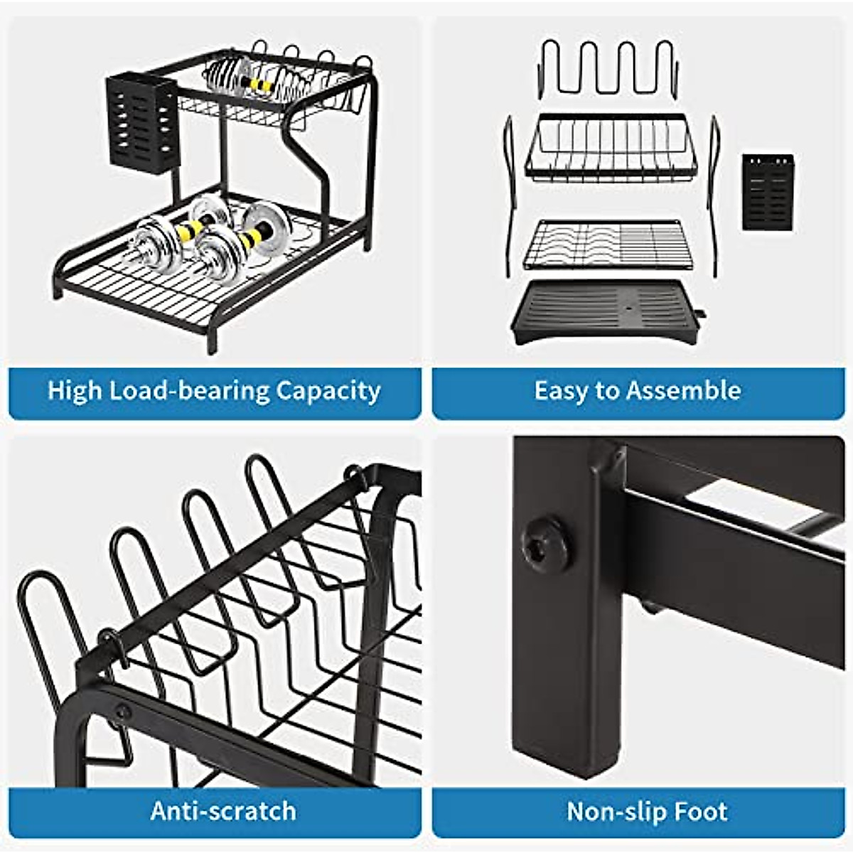 YWCMESDM Dish Drying Rack, Multifunctional Dish Rack with Drainboard & Utensil Holder, 2 Tier Stainless Steel Dish Racks, Dish Drainers with a Large Capacity for Kitchen Counter (Black)